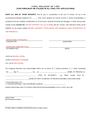 Waiver and Release of Lien Upon Final Payment Sample Doc Template | pdfFiller
