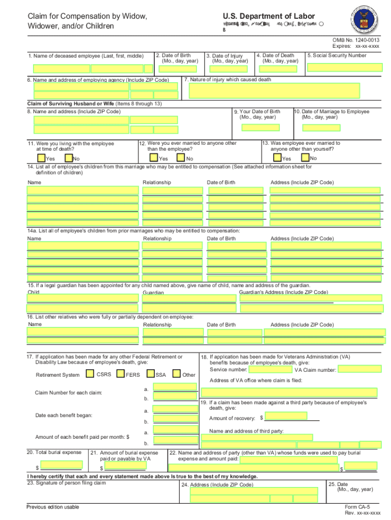 Fillable Online Form CA-5 Claim for Compensaion by Widow, Widower, and ...