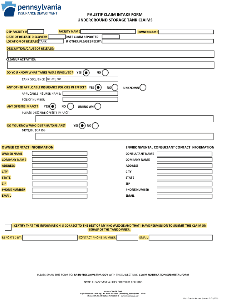 Fillable Online ustif.pa.govdocuments10184PAUSTIF CLAIM INTAKE FORM ...
