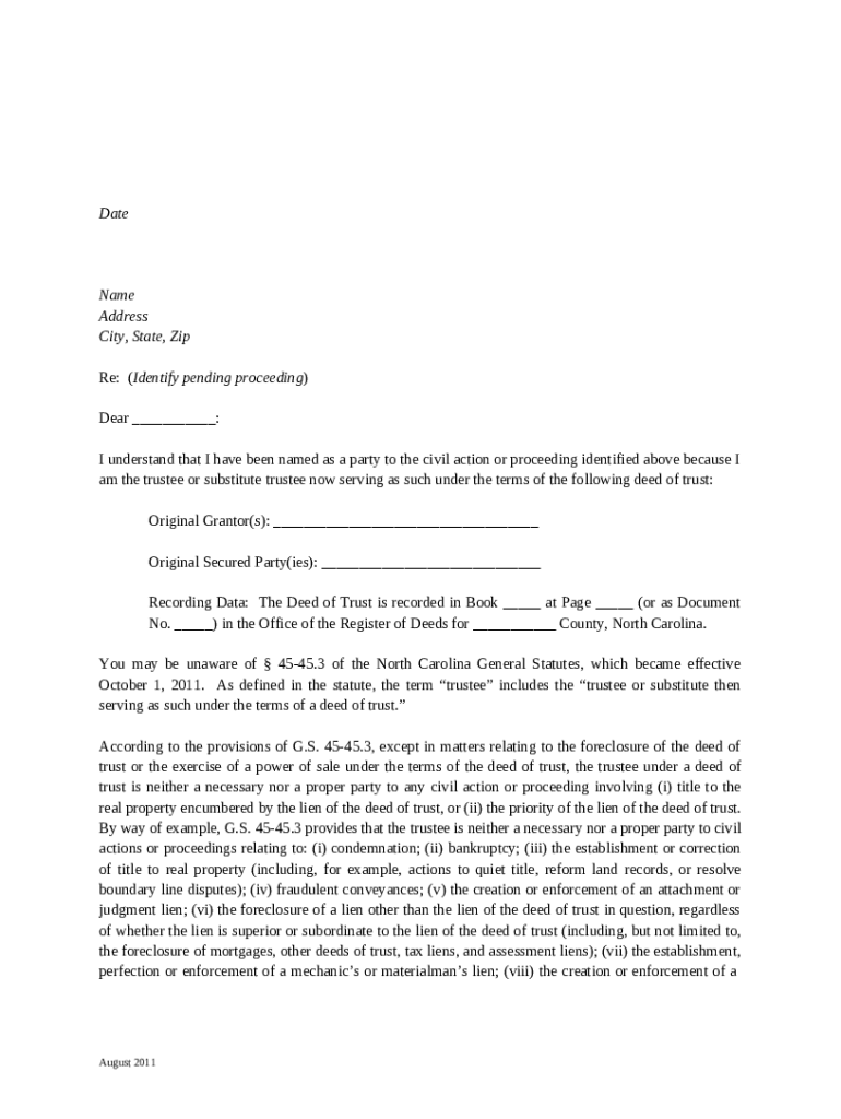 DEED OF TRUST - DISMISS TRUSTEE LETTER Doc Template | pdfFiller