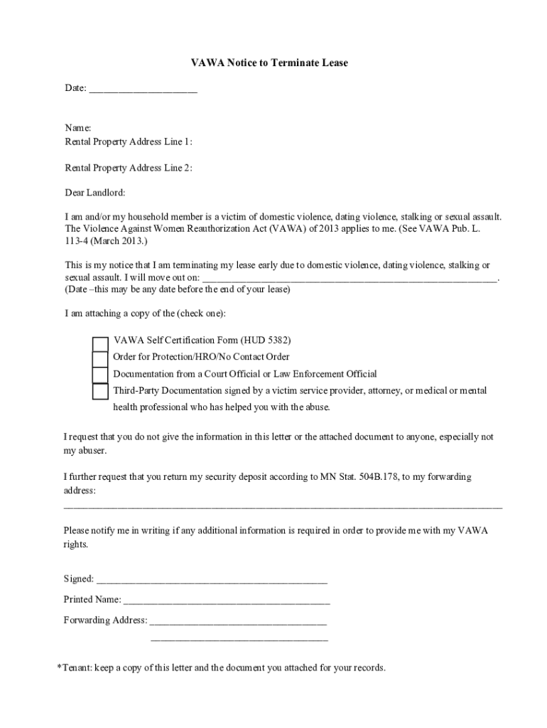 Fillable Online VAWA Notice to Terminate Lease Letter Fax Email Print ...