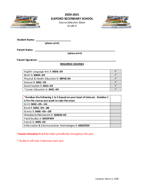 Fillable Online Grade 9 Course Selection Sheet and Electives (2020-2021) Fax Email Print - pdfFiller