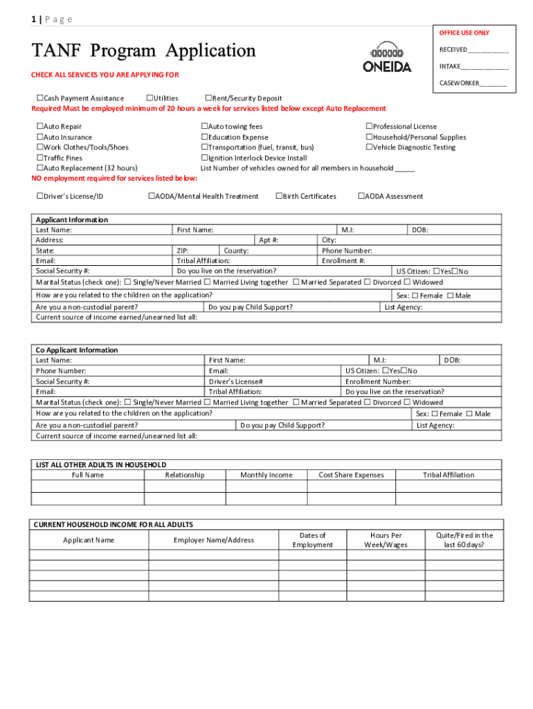 Fillable Online TANF Program Application RECEIVED INTAKE CHECK ALL ...