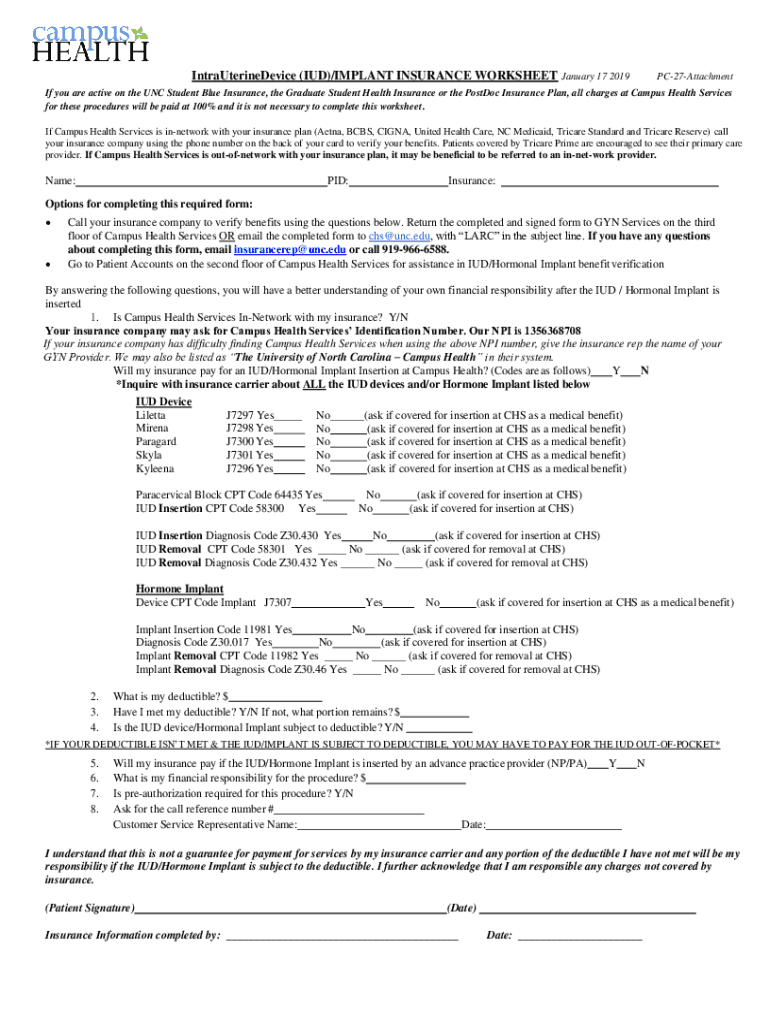 Fillable Online Fillable Online IUD/Implant insurance form worksheet - Campus Health ... Fax ...