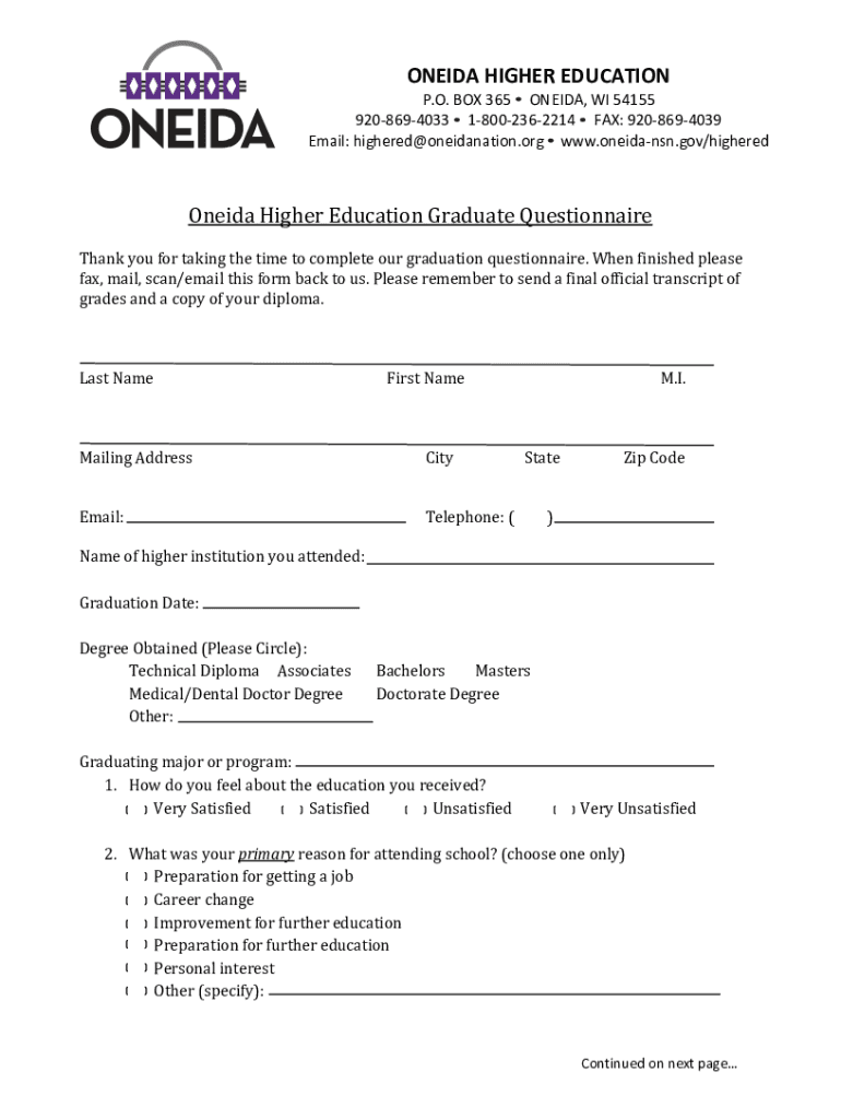 Fillable Online Oneida Higher Education Graduate Questionnaire Fax ...