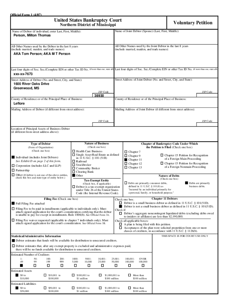 Fillable Online Bankruptcy Forms. Person, Milton Thomas - Jeffrey A ...