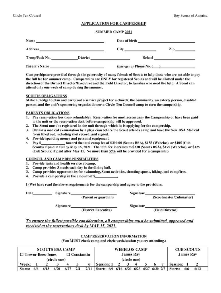 Fillable Online Circle Ten CouncilPost - Summer Camp - Camp Constantin ...