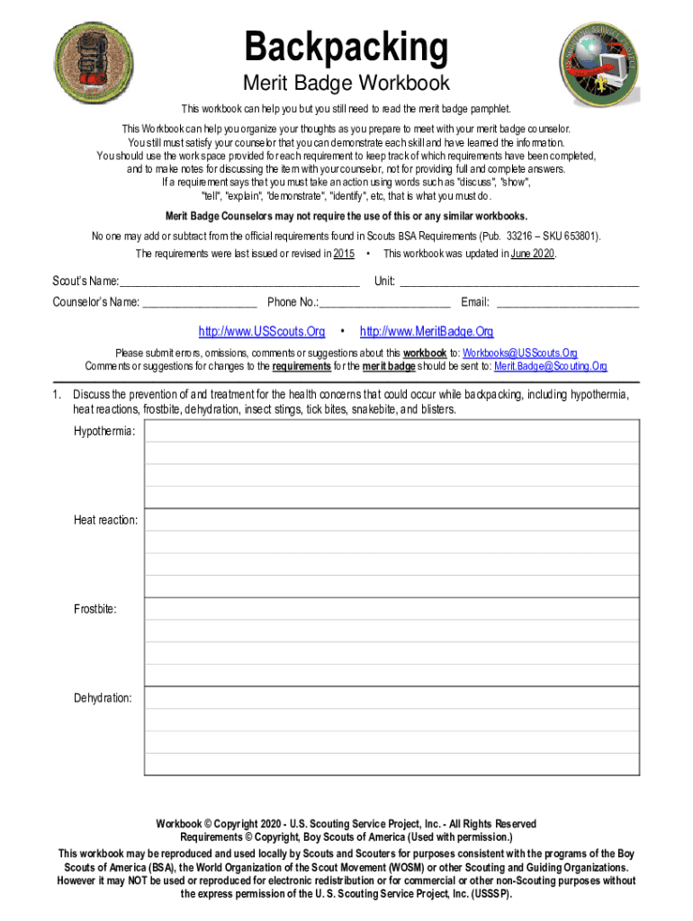 Fillable Online Backpacking.pdf - Backpacking Merit Badge Workbook This ...