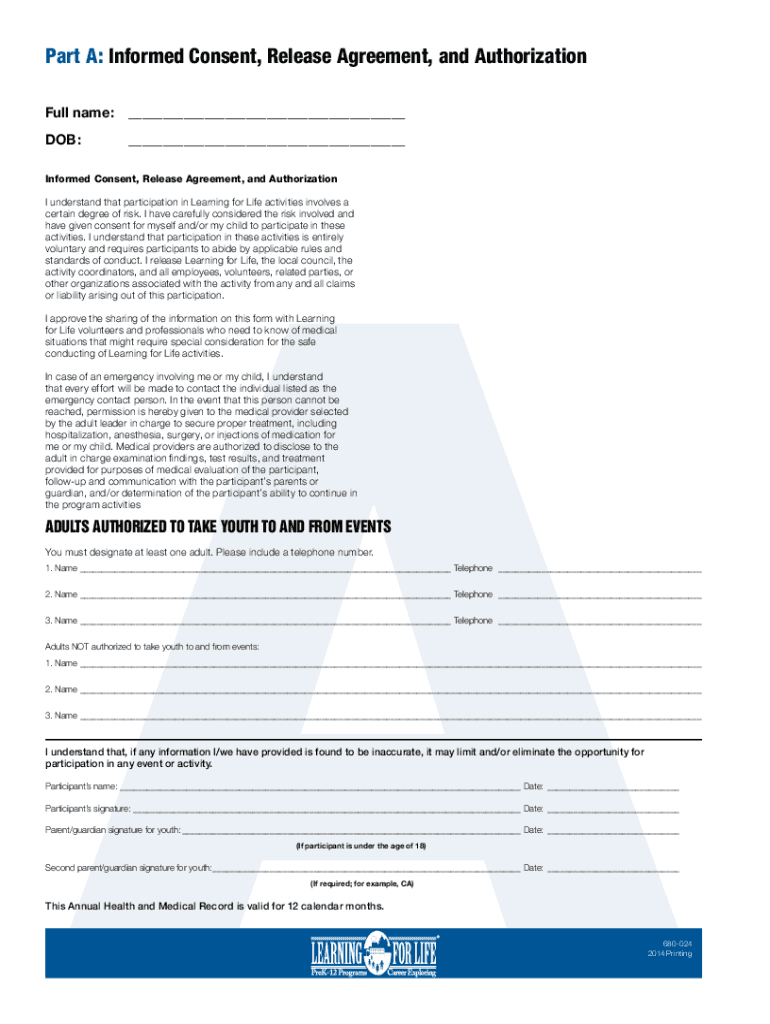 Fillable Online Part A: Informed Consent, Release Agreement, and ...