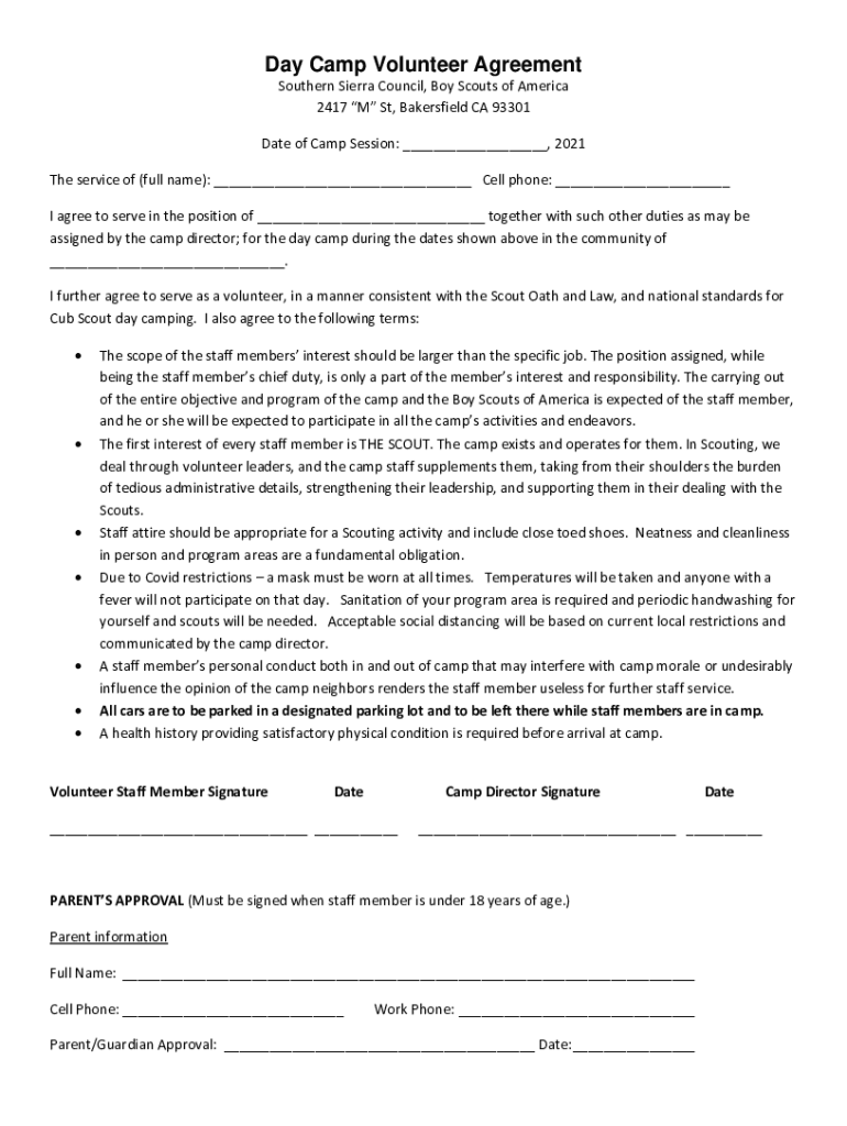 Fillable Online scoutingevent.comORVolunteerAgreementDay Camp Volunteer ...