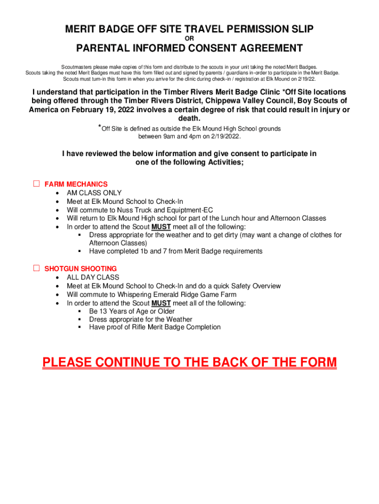 Fillable Online OR PARENTAL INFORMED CONSENT AGREEMENT - Scouting Event Fax Email Print - pdfFiller