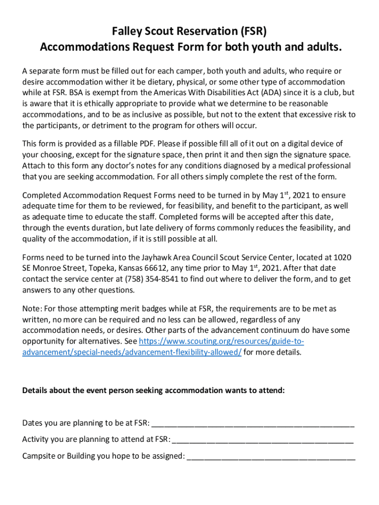 Fillable Online Falley Scout Reservation (FSR) Accommodations Request ...