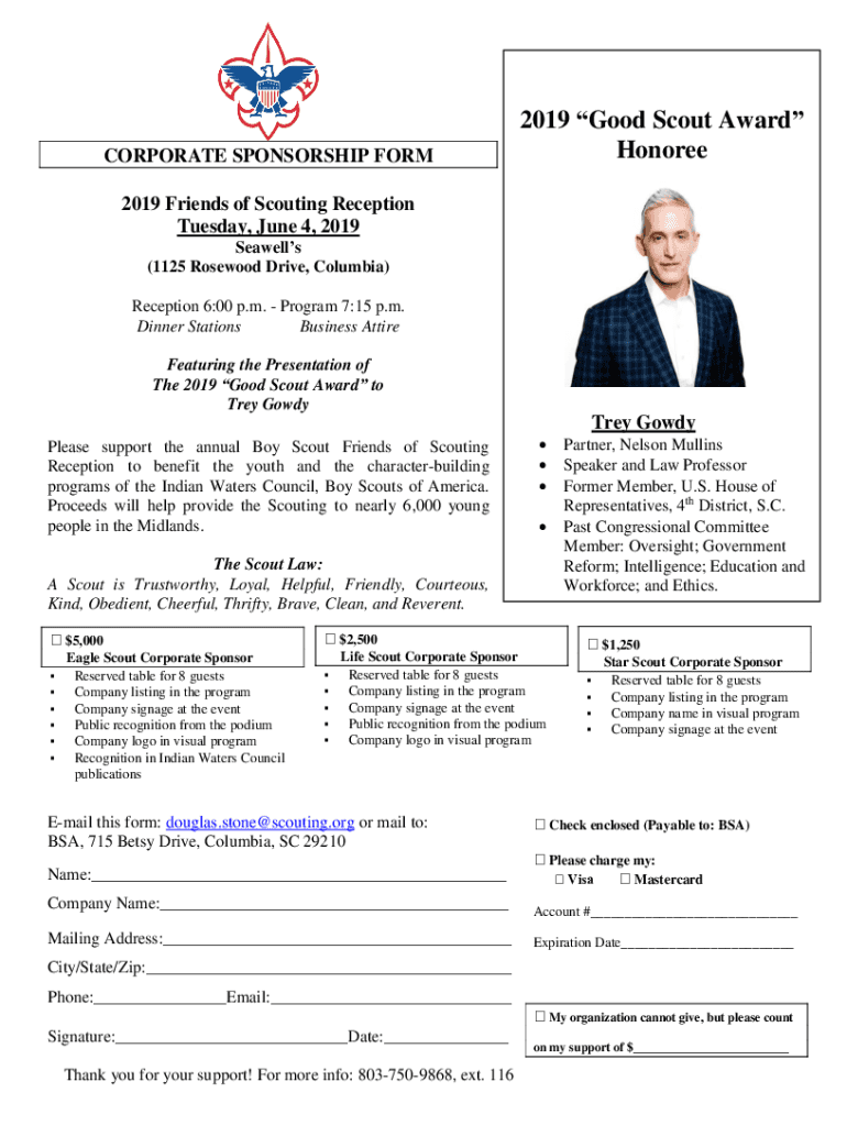 Fillable Online Good Scout Award CORPORATE SPONSORSHIP FORM Honoree Fax ...