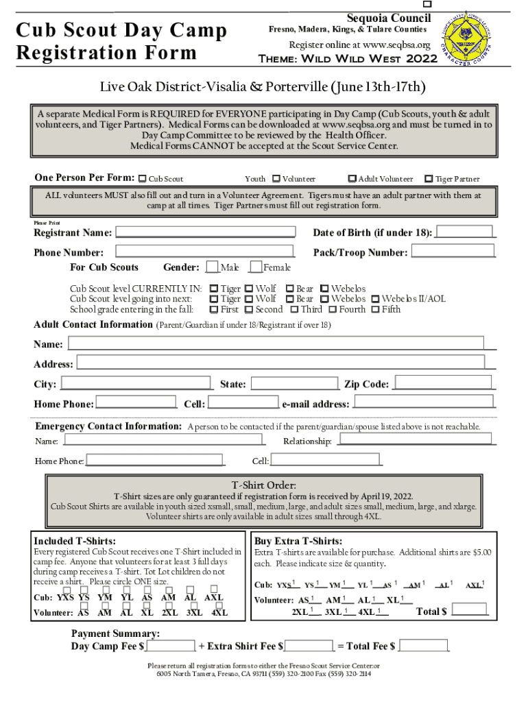 Fillable Online Sequoia Council Cub Scout Day Camp Fresno, Madera, Kings, & Tulare ... Fax Email ...