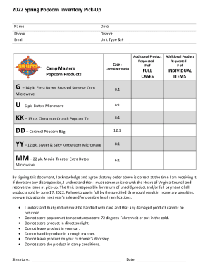 Fillable Online Spring Popcorn Inventory Pick-up Sheet - Scouting Event ...