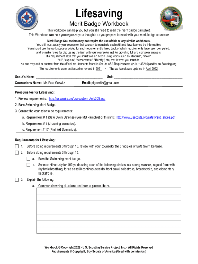 Fillable Online Lifesaving.pdf - Lifesaving Merit Badge Workbook This ...