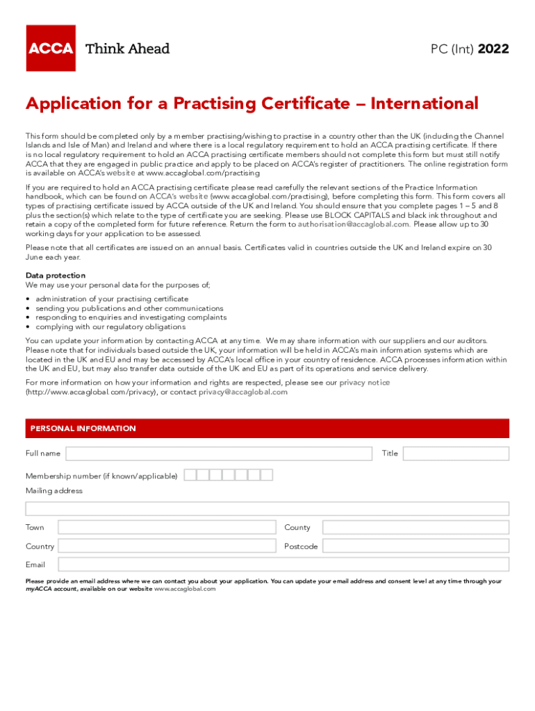 Fillable Online Application for a Practising Certificate International ...