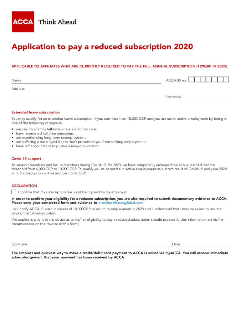 Fillable Online Application to pay a reduced subscription 2020 - ACCA ...