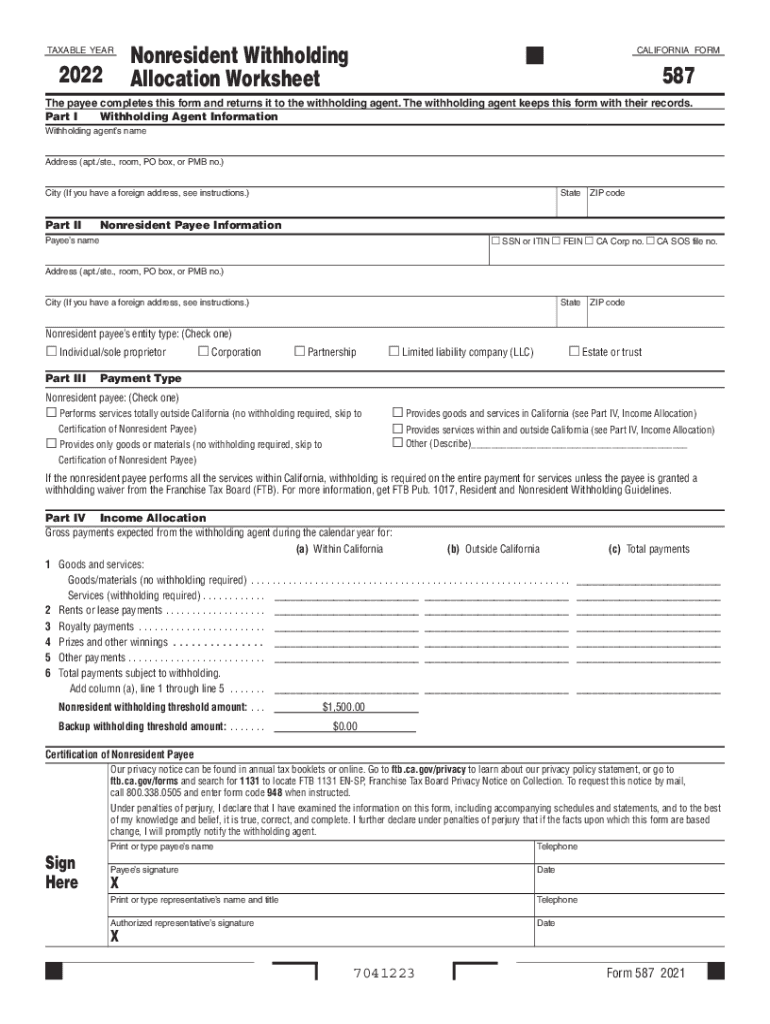 Fillable Online 2022 Form 587 Nonresident Withholding Allocation ...