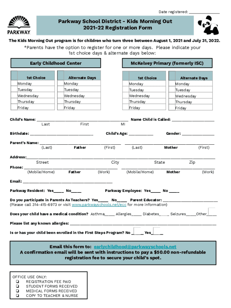Fillable Online Fillable Online PARKWAY SCHOOL DISTRICT Kids Morning ...
