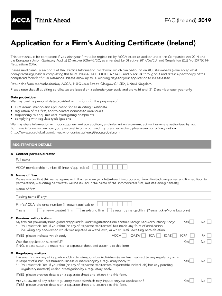 Fillable Online Fillable Online Application for a Firm's Auditing Certificate (Ireland ... Fax ...