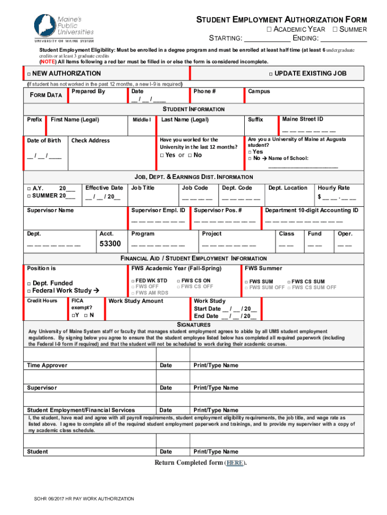 Fillable Online STUDENT EMPLOYMENT AUTHORIZATION FORM ACADEMIC YEAR ...