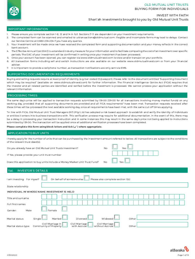 Fillable Online OLD MUTUAL UNIT TRUSTS BUYING FORM FOR INDIVIDUALS ...