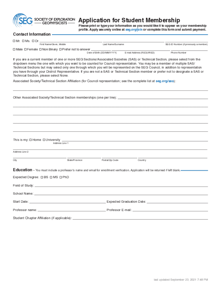 Fillable Online Application for Student Membership - SEG.org Fax Email Print - pdfFiller