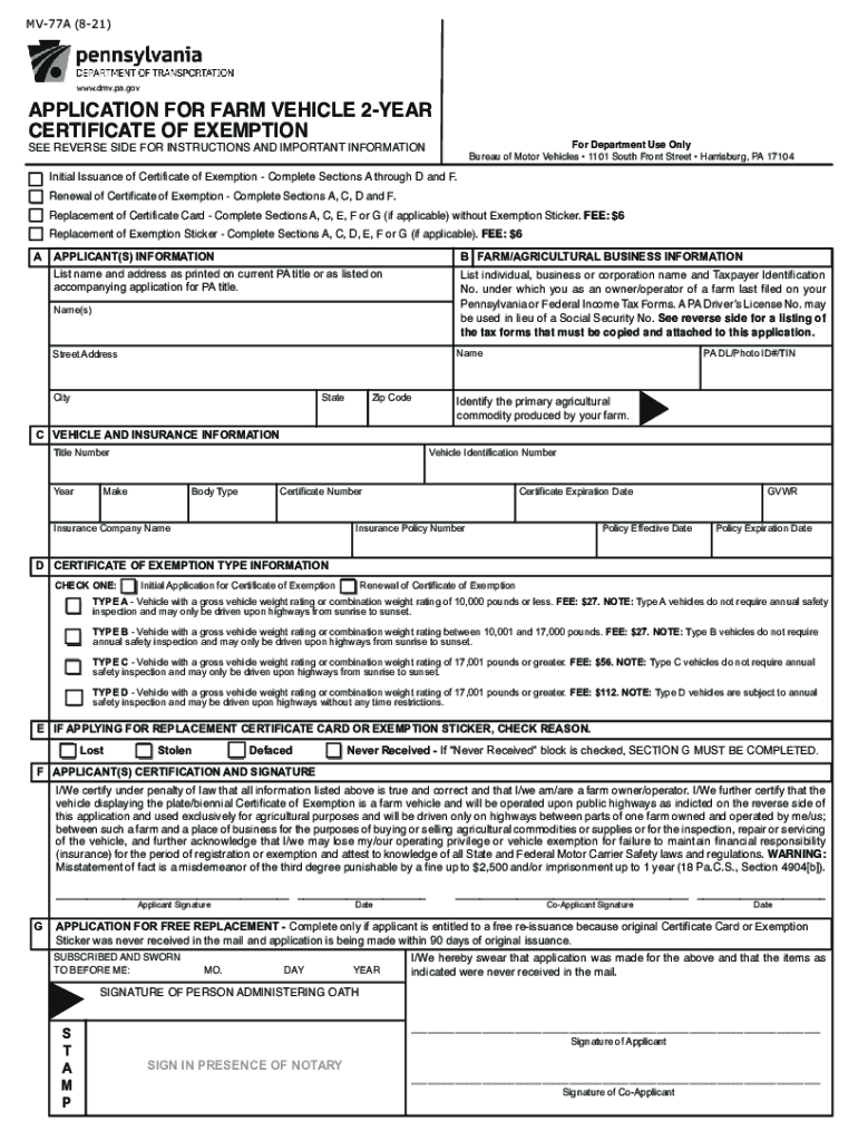 Fillable Online APPLICATION FOR FARM VEHICLE 2-YEAR CERTIFICATE OF ...