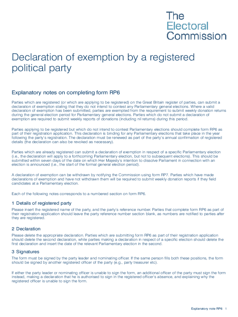 Fillable Online Form RP6 - Declaration of exemption by a registered ...