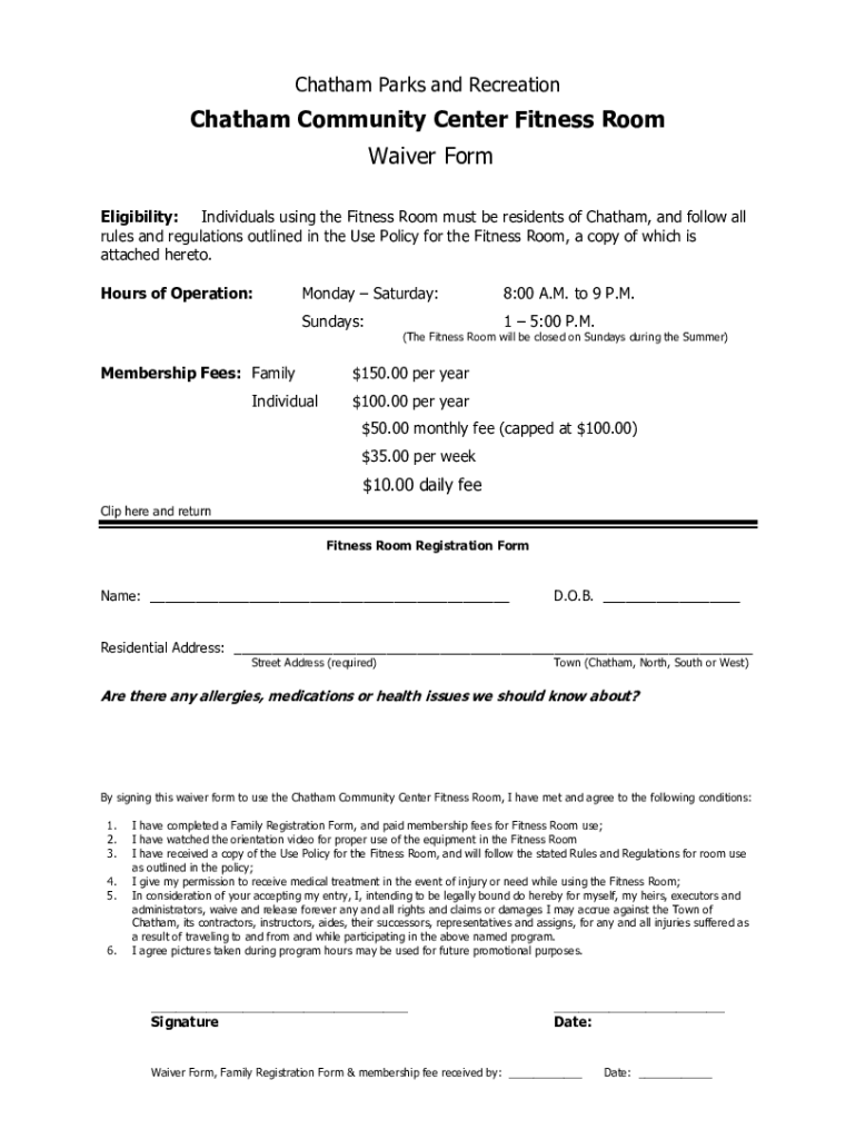 Fillable Online Chatham Community Center Fitness Room Waiver Form Fax ...