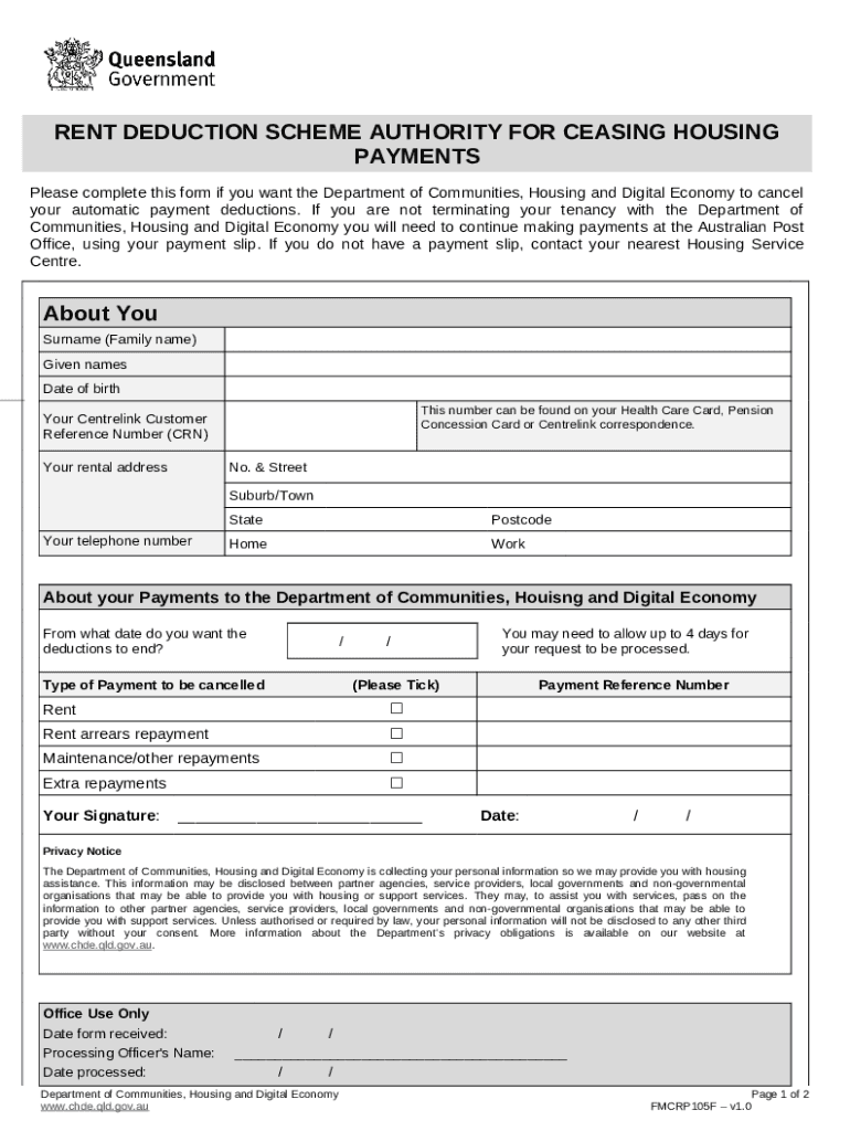 Rent Deduction Scheme Cancellation Request - Centrelink -FMCRP105F ...