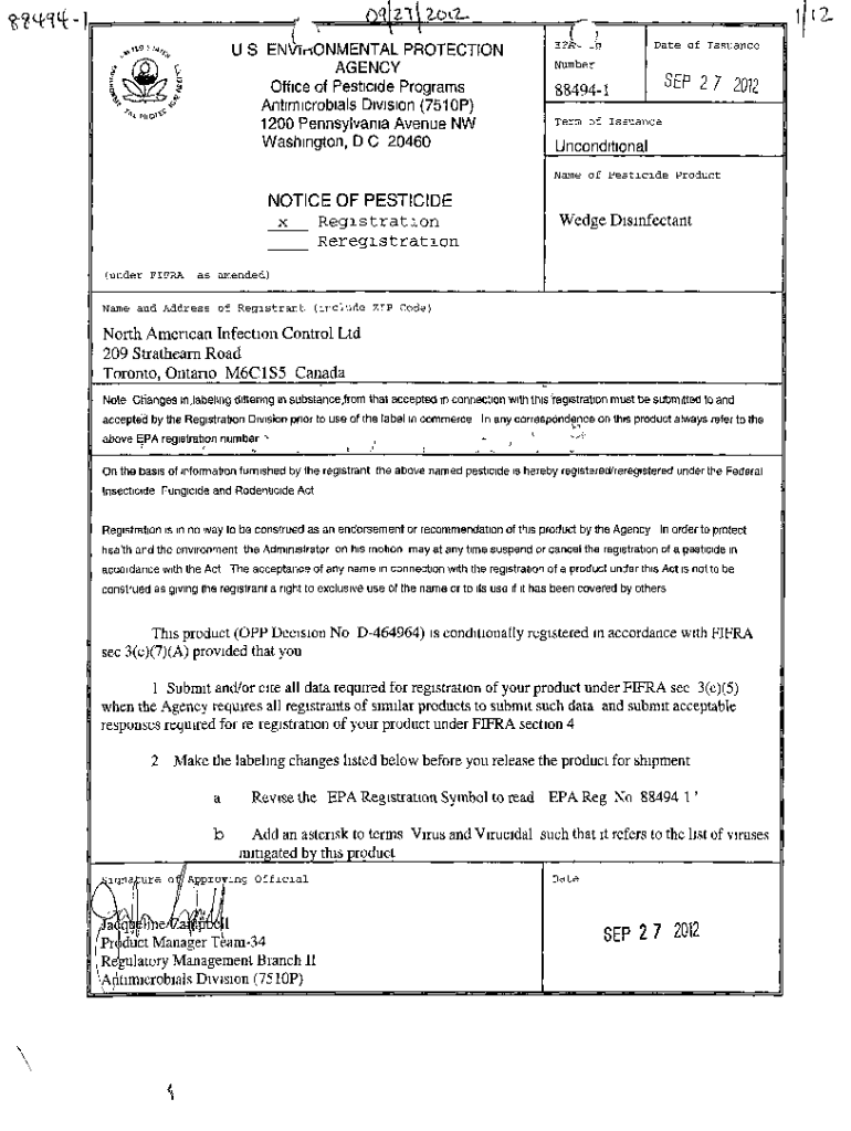 Fillable Online US EPA, Pesticide Product Label, WEDGE DISINFECTANT, 09 ...