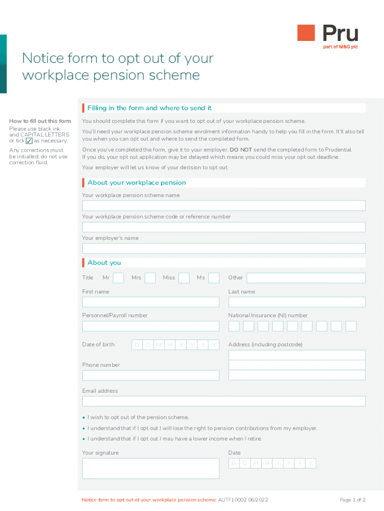 Fillable Online Notice form to opt out of your workplace pension scheme ...