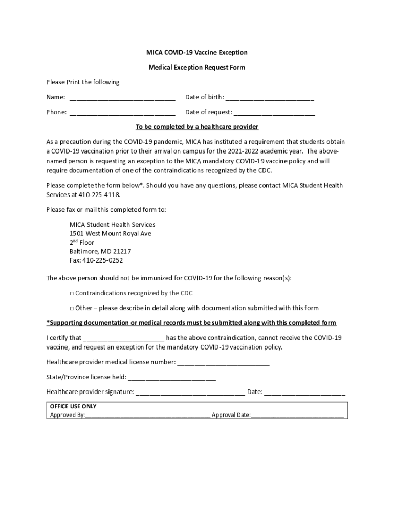 Fillable Online MICA COVID-19 Vaccine Exception Medical Exception ...