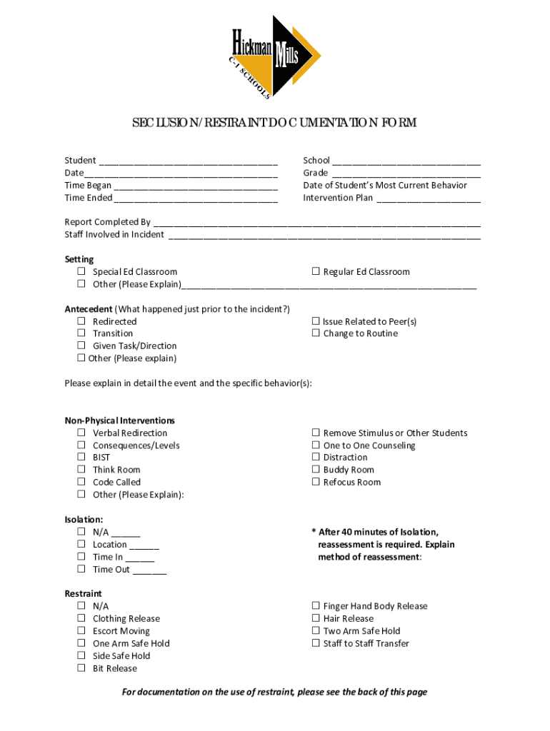 Fillable Online Seclusion and Restraint Documentation Form - Michigan ...