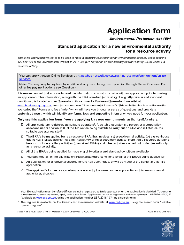Fillable Online Standard application for a new environmental authority ...