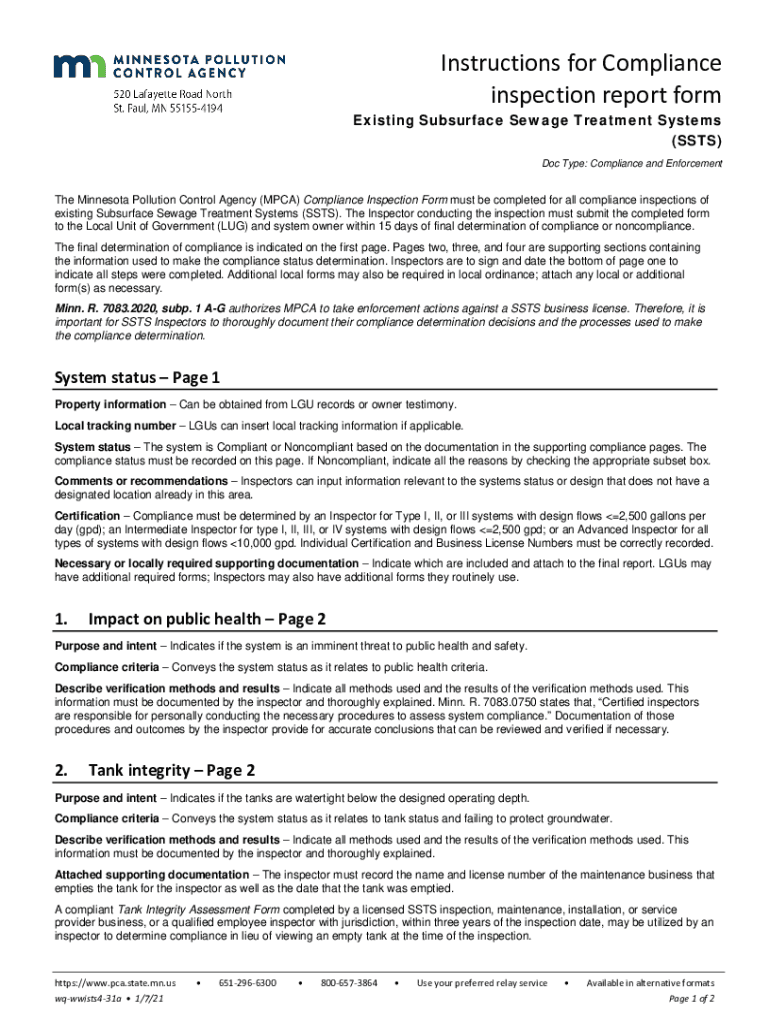 Fillable Online septic umn Instructions for Compliance inspection ...