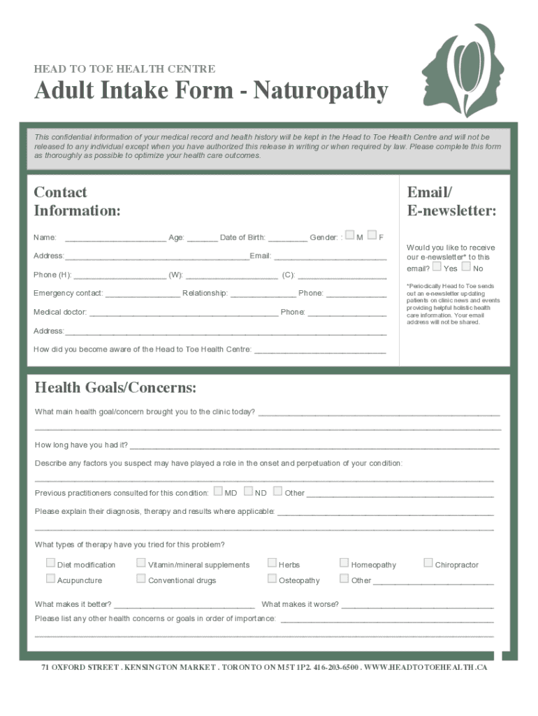 Fillable Online Adult Intake Form - Naturopathy - Head to Toe ...