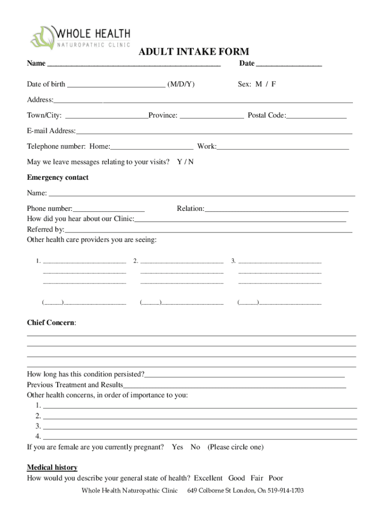 Fillable Online Adult Diagnostic Intake.pdf - Adult Intake Form BASIC ...