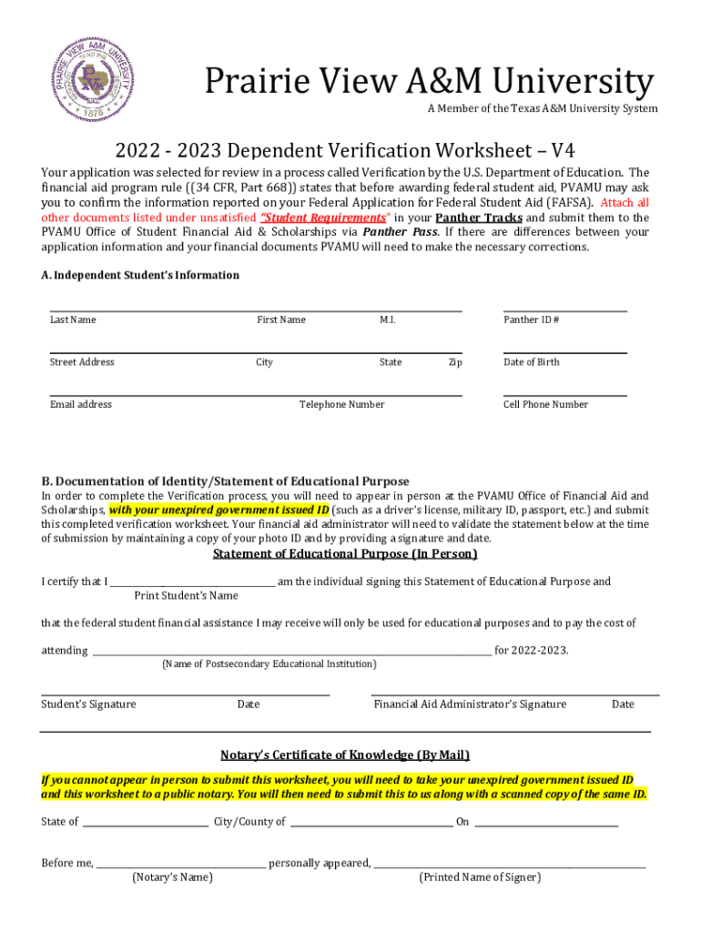 Fillable Online 2022 - 2023 Dependent Verification Worksheet V4 Fax Email Print - pdfFiller