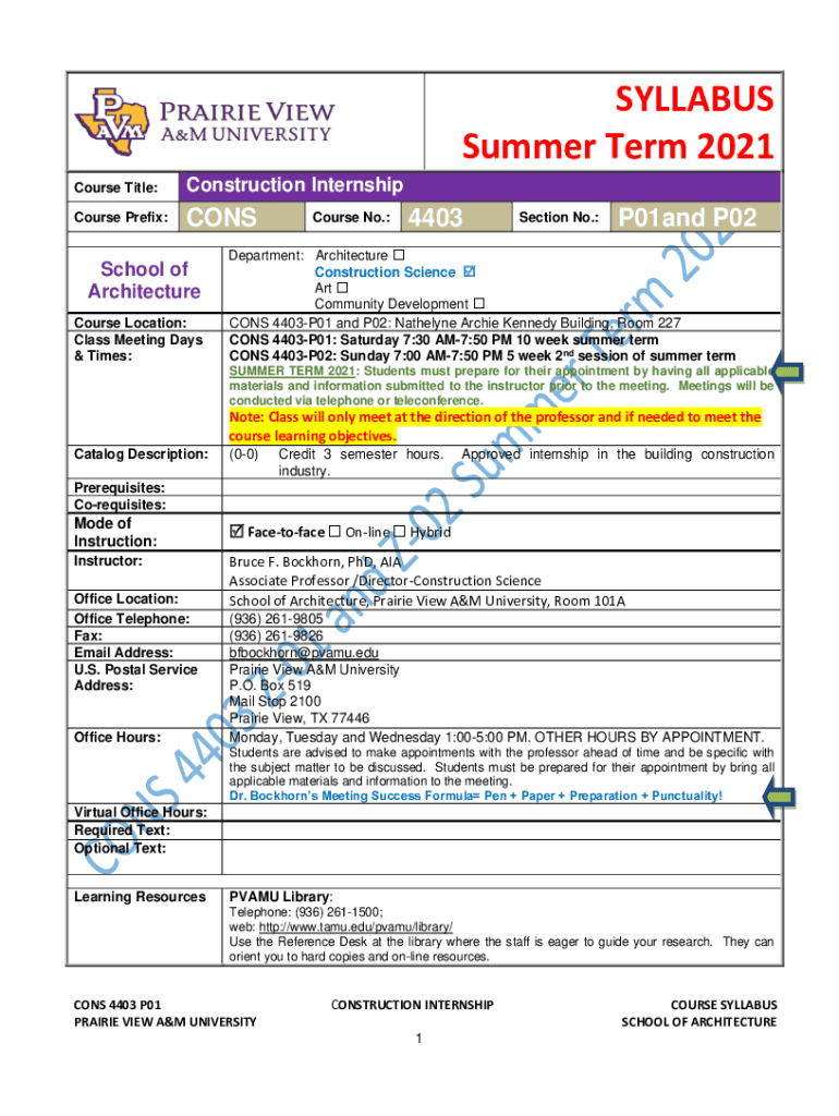 Fillable Online SYLLABUS Summer Term 2021 - Prairie View A&M University ...