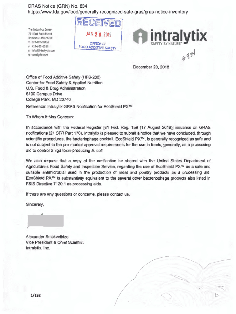 Fillable Online GRAS Notice 834, Preparation containing bacterial phages specific to shiga-toxin ...