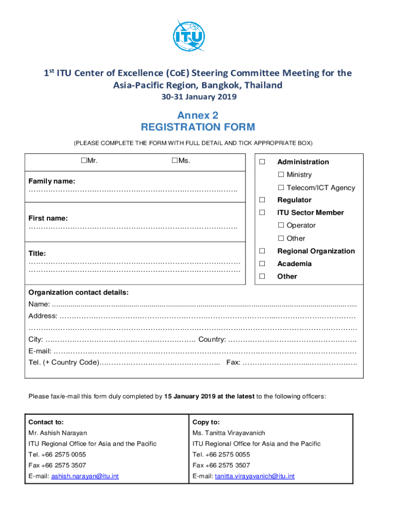 Fillable Online academy itu Annex 2 REGISTRATION FORM - ITU Academy Fax Email Print - pdfFiller