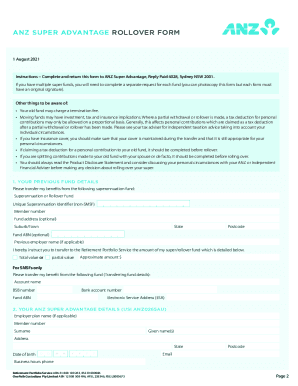 Fillable Online ANZ Super Advantage - Rollover form. Rollover form Fax ...