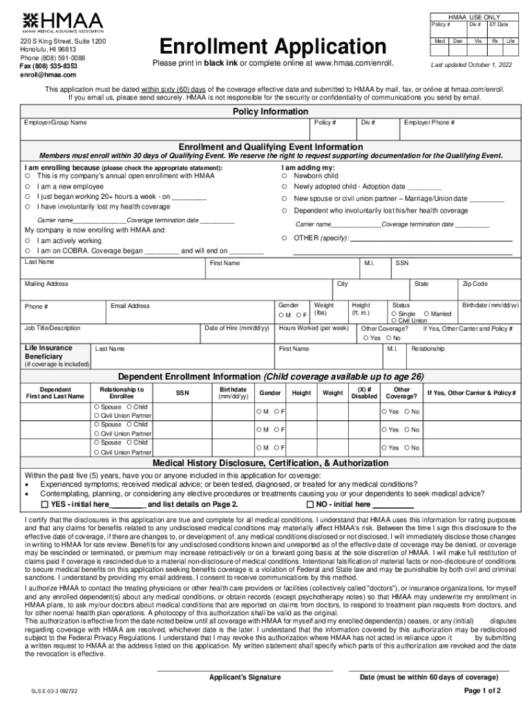 Fillable Online HMAA-HEALTH INSURANCE PLANS - 220 S King St, Honolulu ...