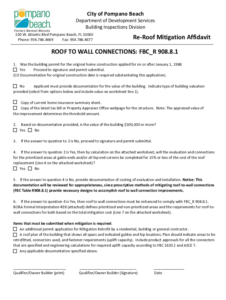Fillable Online Re-Roof Mitigation Affidavit ROOF TO WALL CONNECTIONS ...
