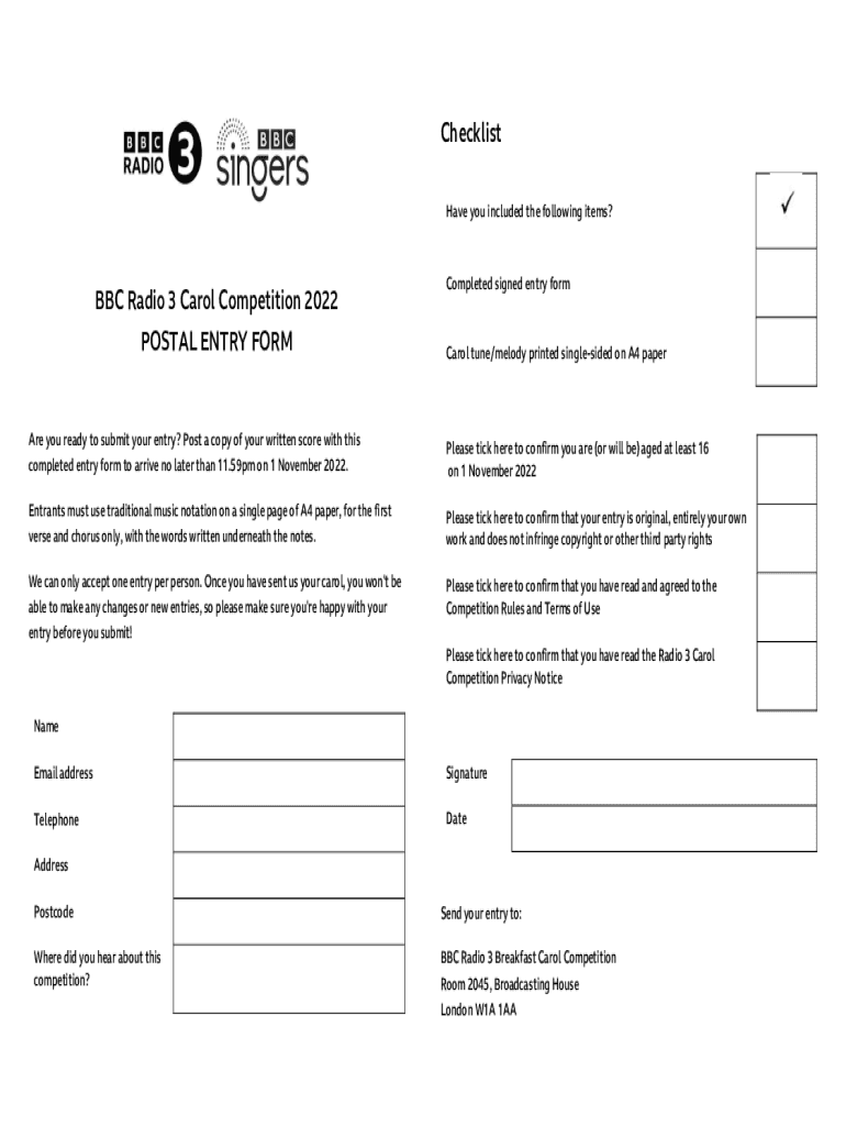 Fillable Online downloads bbc co BBC Radio 3 Carol Competition 2022 POSTAL ENTRY FORM Fax Email ...