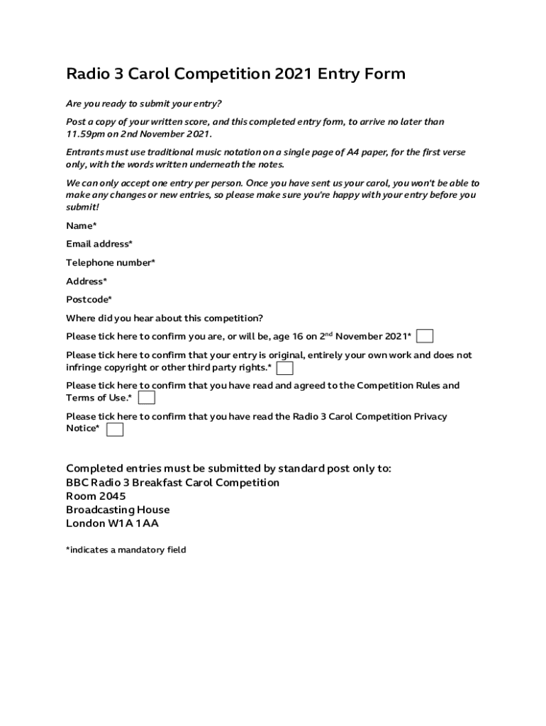 Fillable Online downloads bbc co Radio 3 Carol Competition 2021 Entry ...