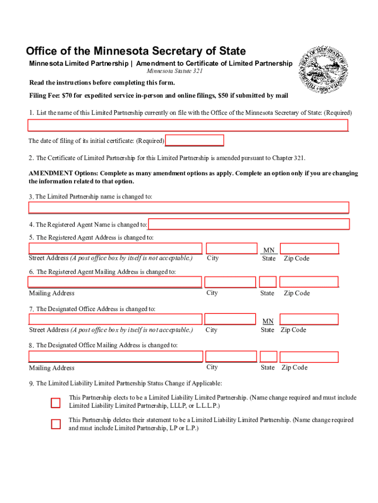 Fillable Online sos mn Amendment to Certificate of Limited Partnership ...